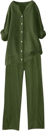 Generic Ensemble uni pour femme - Tendance - D&eacute;contract&eacute; - Coton et lin - Chemise &agrave; manches longues et pantalon long &agrave; nouer - Costume Jack, vert, 4XL