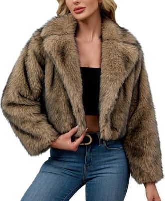 Generic Veste courte en fausse fourrure pour femme, cardigan court &eacute;l&eacute;gant &agrave; manches longues ouvert sur le devant, revers de couleur unie, manteau d&eacute;contract&eacute;