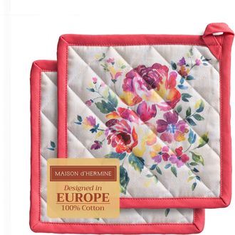 Maison d'Hermine Hot Pads Oster-Topfhalter aus 100% Baumwolle, 2er-Set (20cm x 20cm) mit Schleife, hitzebest&auml;ndig f&uuml;r BBQ, Kochen, Backen, Grillen, Mikrowelle, Rose Ga
