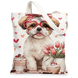 Generic Sac fourre-tout en toile motif chien mignon, adorable sac de courses r&eacute;utilisable, sac &agrave; provisions vintage floral l&eacute;ger lavable bandouli&egrave;re, blanc, 1