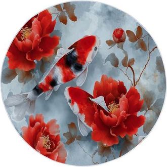 Generic Gris Tapis Rond Style Japonais Lavable, antidérapant léger à Poils Courts Tapis Rond, imprimé Poissons Fleurs Plantes pour Salon Chambre à Coucher Cui