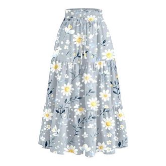 Generic Jupe longue pliss&eacute;e r&eacute;tro &eacute;lastique taille haute en forme de A avec jupe large pour femme, bleu ciel, XXL