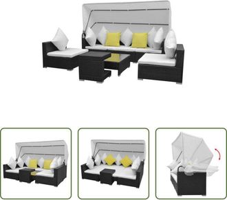 vidaXL Rattan - 7-tlg. Garten-Lounge-Set mit Sonnendach Poly Rattan Schwarz