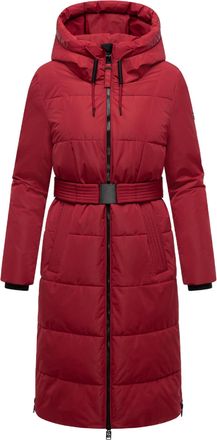 Navahoo Damen Langer Wintermantel warmer Steppmantel mit Kapuze und Tailleng&uuml;rtel Herbstnebel 14 Dark Red Gr. M