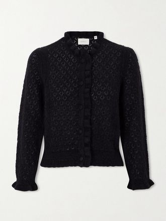 D&ocirc;en Cardigan En Alpaga Et Laine M&eacute;lang&eacute;s &Agrave; Mailles Pointelle Et &Agrave; Volants Claudie - Noir