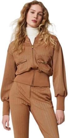 Twinset Femme, Sweatshirts et sweats &agrave; capuche, Brun, Taille: 36 FR Felpa Corta Aperta