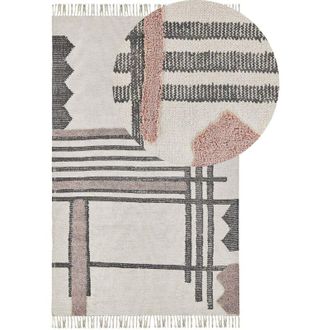 Beliani Teppich Beige und Schwarz Baumwolle rechteckig 140 x 200 cm abstraktes Muster Fransen handgewebt Skandinavisch Kurzhaar Wohn- und Schlafzimmer