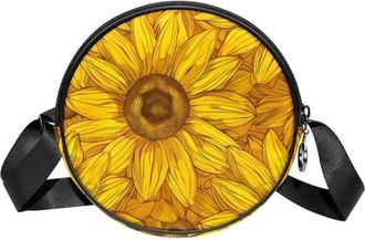 Generic Sac &agrave; bandouli&egrave;re rond pour femme, motif fleurs jaunes, petit sac &agrave; bandouli&egrave;re avec fermeture &eacute;clair, bretelles r&eacute;glables, sac &agrave; main rond d&eacute;contract