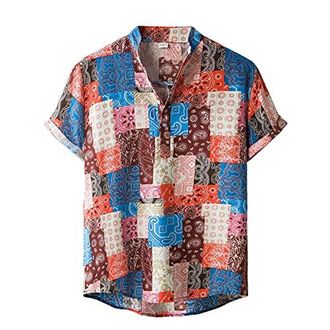 Generic Chemise en coton et lin pour homme - Chemisier dentra&icirc;nement court pour homme - Col en coton - Manches - Imprim&eacute; d&eacute;t&eacute; - Chemisier tendance pour homme 