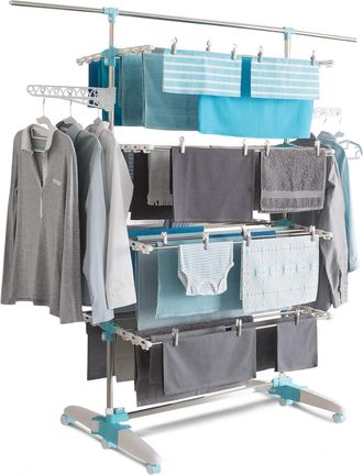 IDMarket W&auml;schest&auml;nder wei&szlig;/blau 4 verstellbare Ebenen XXL + Teleskopstange