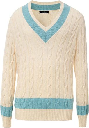 Gran Sasso Homme, Pulls, Blanc, Taille: XL Pull Blanc/Bleu &agrave; Col en V avec Torsade