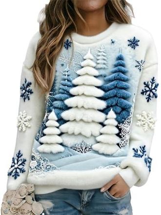 Generic Sweat-shirt de No&euml;l en flanelle imprim&eacute; chat pour femme, pull fantaisie de No&euml;l &agrave; col rond, haut de vacances, v&ecirc;tements festifs, v&ecirc;tements dhiver, d&eacute;c