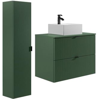 Vente-Unique Meuble de salle de bain suspendu stri&eacute; avec vasque &agrave; poser carr&eacute;e et colonne - Vert mat - 80 cm - ZEVINI