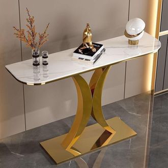 Generic Eingangstisch mit Einzigartigem Metallsockel, Faux Marmor Weiß Konsolentisch Schmal, Industrieller Flurtisch für Eingangsbereich Foyer Flur Wohnzimmer