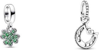 Pandora Moments Vierblättriges Kleeblatt Charm-Anhänger aus Sterling Silber mit Kristallen, Kompatibel Moments Armbändern, 792751C01 & Glückshufeisen Charm-An