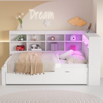 Generic Multifunktionales Massivholzbett mit Schubladen und Regalen inklusive LED Beleuchtung USB Anschluss Stauraum am Kopfteil ideal für Schlafzimmer