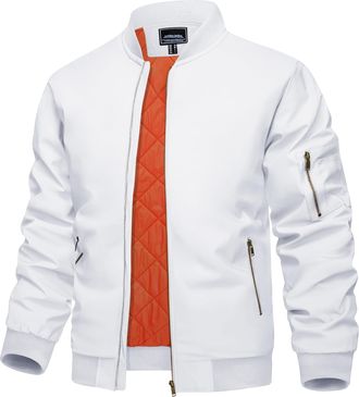 KEFITEVD Bomber Jacke Herren Kurz Collegejacke Unifarben Pilotenjacke Retro Jacke Winter Herrenjacke Arbeitsjacke M&auml;nner mit Zipper Taschen Wei&szlig; S