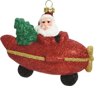 Kaemingk Christbaumschmuck Kunststoff 10,7cm Weihnachtsmann im Flugzeug Weihnachtskugeln rot