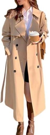 Onsoyours Trench-Coat Mi-Long Femme à Double Boutonnage Manteau Trench avec Ceinture Coupe-Vent Revers Longue Printemps Automne Trench-Coat Veste Couleur Unie A