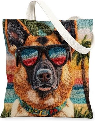 Generic Sac fourre-tout d&eacute;t&eacute; en toile motif berger allemand pour faire du shopping, 33 x 38,1 cm, sac r&eacute;utilisable &agrave; motif imprim&eacute; de chiot c&ocirc;tier pour femme,