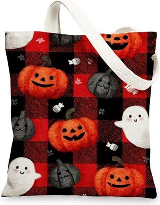 Generic Sacs fourre-tout en toile dHalloween, joli motif citrouille, fantôme, sacs à provisions réutilisables, à carreaux festifs, légers et lavables, Rouge, 