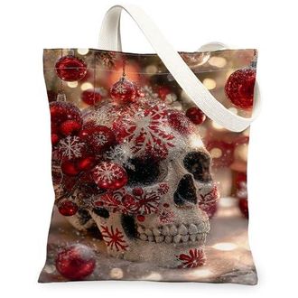 Generic Sacs fourre-tout en toile avec motif de cr&acirc;ne de No&euml;l, sacs d&eacute;picerie r&eacute;utilisables, l&eacute;gers et lavables en toile pour le shopping, les voyages, 33 x 3