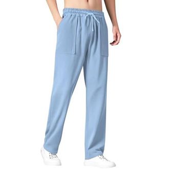 Generic Pantalon d&eacute;t&eacute; en coton et lin pour homme - Pantalon dentra&icirc;nement d&eacute;contract&eacute; - Pantalon fin et droit - Respirant, bleu clair, 3XL