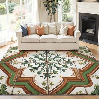 Generic Vert Tapis Salon Petit Tapis, 60 x 90 cm Paillasson Interieur Entree Antid&eacute;rapant, R&eacute;tro Tribal Traditionnel Carrelage G&eacute;om&eacute;trique Decoration Maison G