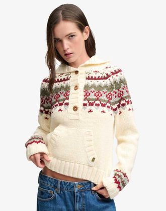 Superdry Fairisle Kapuzenpullover mit halber Knopfleiste in Ecru-Multicolor-Wei&szlig;