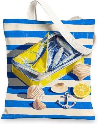 Generic Sacs en toile rayés avec motif marin de fruits de mer, réutilisables, style décontracté de plage, légers, lavables, bleu, 13x15 Inch