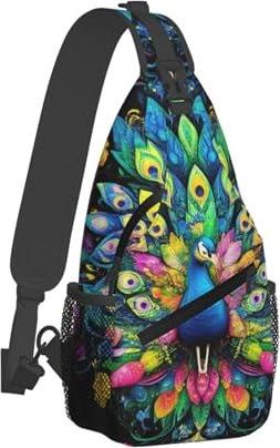 Generic Polyester Sacoche Homme Bandouliere Art des fleurs de paon n&eacute;on Sac De Poitrine Antivol Sac &agrave; Dos Militaire pour &eacute;cole Camping Randonn&eacute;e