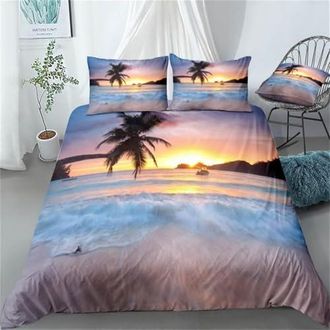 Generic Housse de Couette 140x200 Plage Parure de Lit 1 Personne Thème Coucher de Soleil Imprimée 3D Microfibre Douce Palmier Housse Couette Réversible avec 1