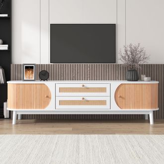Generic Landhausstil TV-Schrank mit T&uuml;ren Schubladen TV-St&auml;nder mit Rattanseiten Lowboard f&uuml;r Schlafzimmer Wohnzimmer Unterschrank TV M&ouml;bel Tisch Wei&szlig;