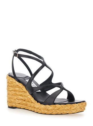 Jimmy Choo London Womens Wedges Ayla Black Leather Ankle Strap Goat Shoe