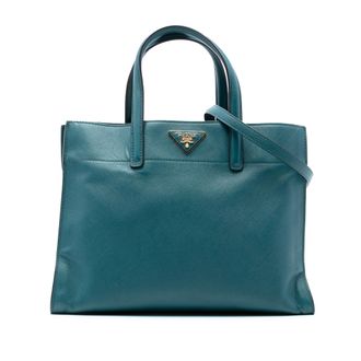 Prada Blue Green Saffiano Soft Triple Pocket Tote