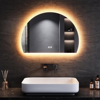 Sonni Badspiegel mit Beleuchtung Halbrund 70x50 cm, LED Spiegel mit Touch-Schalter und Dimmbar, Beschlagfrei, 3 einstellbare Lichtfarben, Badezimmerspiegel 