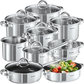 TecTake Set de casseroles & Poele Inox 15 pcs, rev&ecirc;tement anti-adh&eacute;sif, Lot de casseroles, po&ecirc;les & couvercle casserole, ustensiles de cuisine id&eacute;al Induction