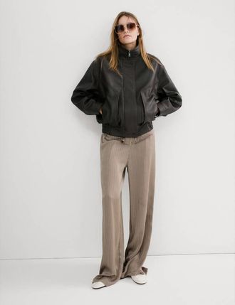 Mango Pantalon satin&eacute; ray&eacute; marron moyen - Femme - XS - MANGO