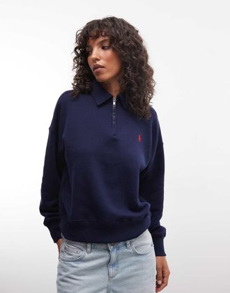 Polo Ralph Lauren Sweat-shirt d&eacute;contract&eacute; &agrave; col zipp&eacute; et logo embl&eacute;matique - Bleu marine