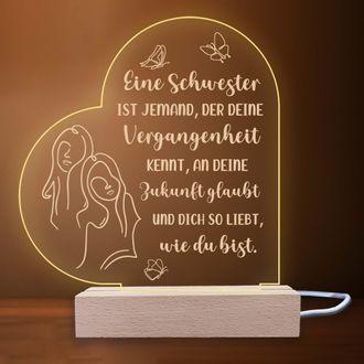 Indigos UG LED Nachttischlampe - Herz links - Spruch 11 - Schwester, Liebe, Familie - Herz mit Spruch - Nachtlicht - 3D-LED-Lampe - Geschenk, Geburtstag, Weihnac