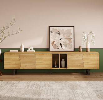 Generic TV-Schrank Naturholz Optik 191 cm Lowboard mit Metallgestell & 5 T&uuml;ren f&uuml;r Fernseher bis 85 Zoll Modernes Design Fernsehtisch Sideboard Unterschrank G