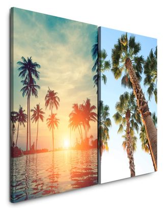 Paul Sinus Art Wandbild 2 teilig je 60x90cm Palmen Traumurlaub Sommer Sonnenuntergang Karibik S&uuml;dsee Sonnenschein
