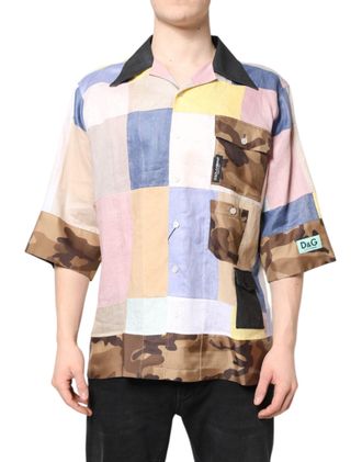 Dolce & Gabbana Mens Multicolor Patchwork Short Sleeve Shirt Flax Silk Ramie Virgin Wool