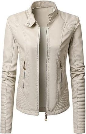 Generic Veste en Cuir Femme Veste Biker Blouson Style Motard Femmes Similicuir A Manche Longues Zip Jacket Femme Slim Fit Faux Leather Hiver Automne Manteau d