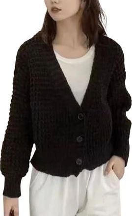 Generic Cardigan en tricot &eacute;pais pour femme avec col en V et bouton sur le devant, veste pull en laine douce et chaude, tenue basique dhiver, noir, Taille Uni