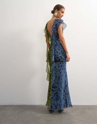 Topshop robe longue en mousseline avec d&eacute;tail &eacute;charpe, imprim&eacute; abstrait &agrave; pois kaki et bleu bicolore-Multi
