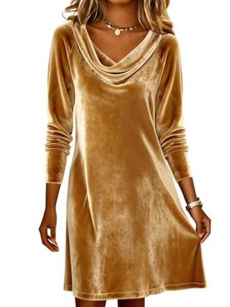 TOMWELL Robe en Velours Femme Moulante &agrave; Manches Longues &Eacute;l&eacute;gante Robe de Cocktail Soir&eacute;e A Or L