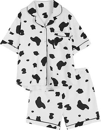 Holibanna 1ensemble Pyjama Femme Été Coton À Motif Vache Cardigan À Manches Courtes Et Shorts Tenue Décontractée À Deux XXL
