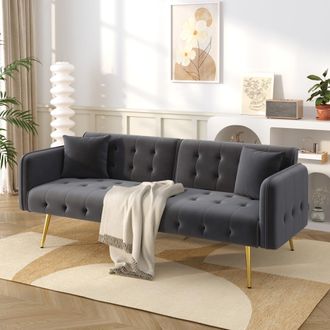 Generic Schlafsofa 2 Sitzer Samt mit XXL Liegefl&auml;che 215cm Verstellbare Armlehnen & R&uuml;ckenlehne Splitback Goldene Beine Stabil 6 F&uuml;&szlig;e G&auml;stebett Sofa Bed Velve