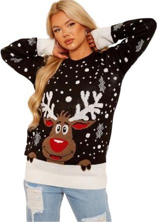 Janisramone Pull de No&euml;l unisexe fantaisie pour femme, pull de No&euml;l tricot&eacute; avec renne joyeux No&euml;l pour femme, pull &agrave; manches longues et col rond, haut de No&euml;l am